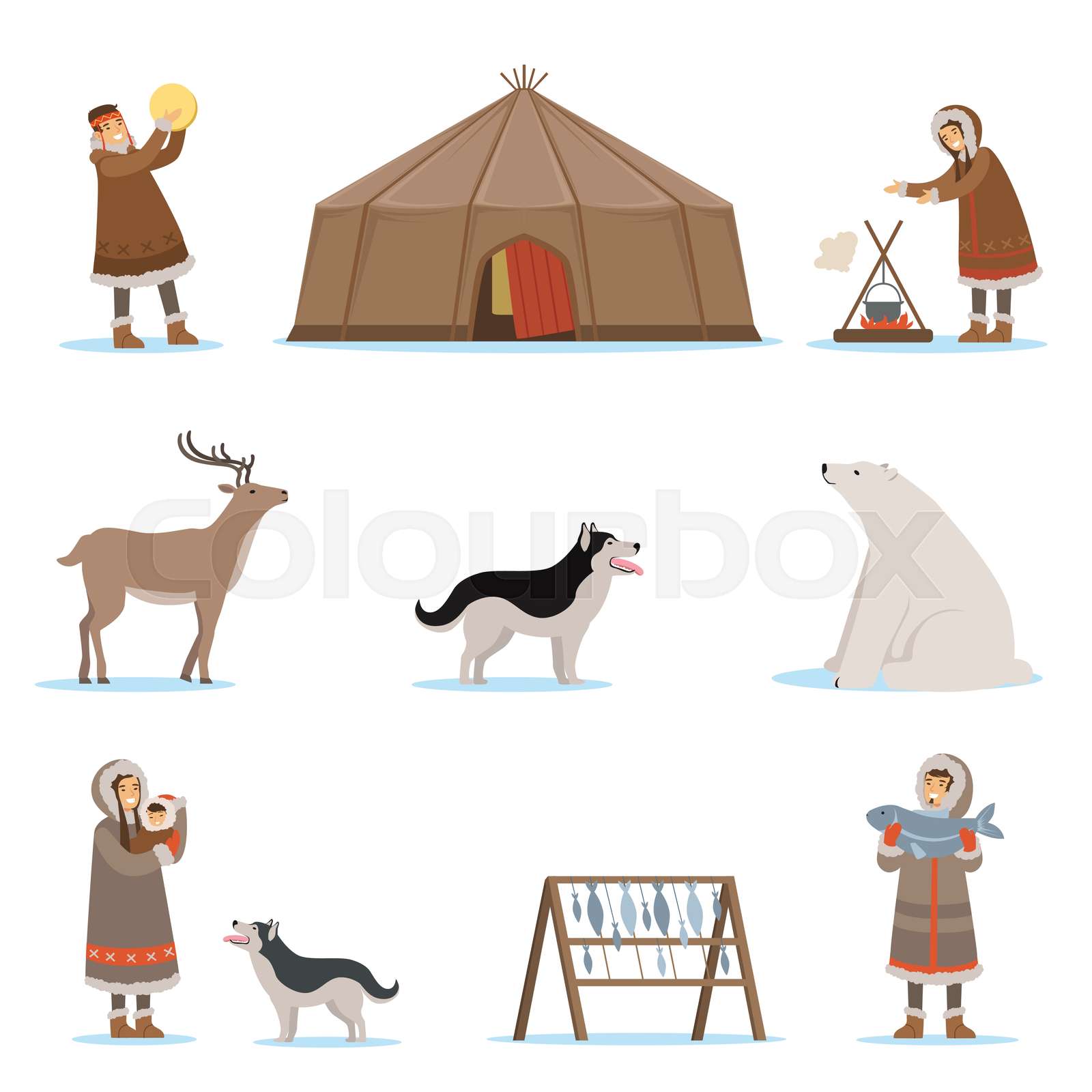 Eskimo characters in traditional clothing, arctic animals, igloo house ...
