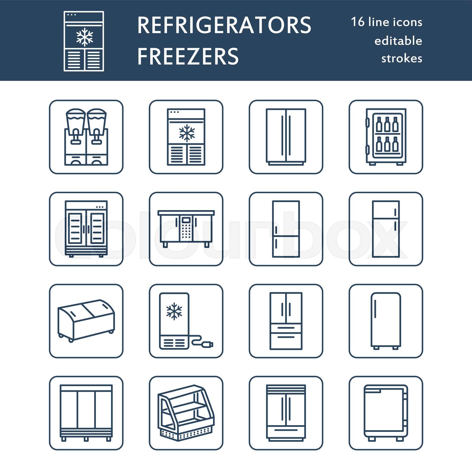 Refrigerators flat line icons. Fridge types, freezer, wine cooler ...