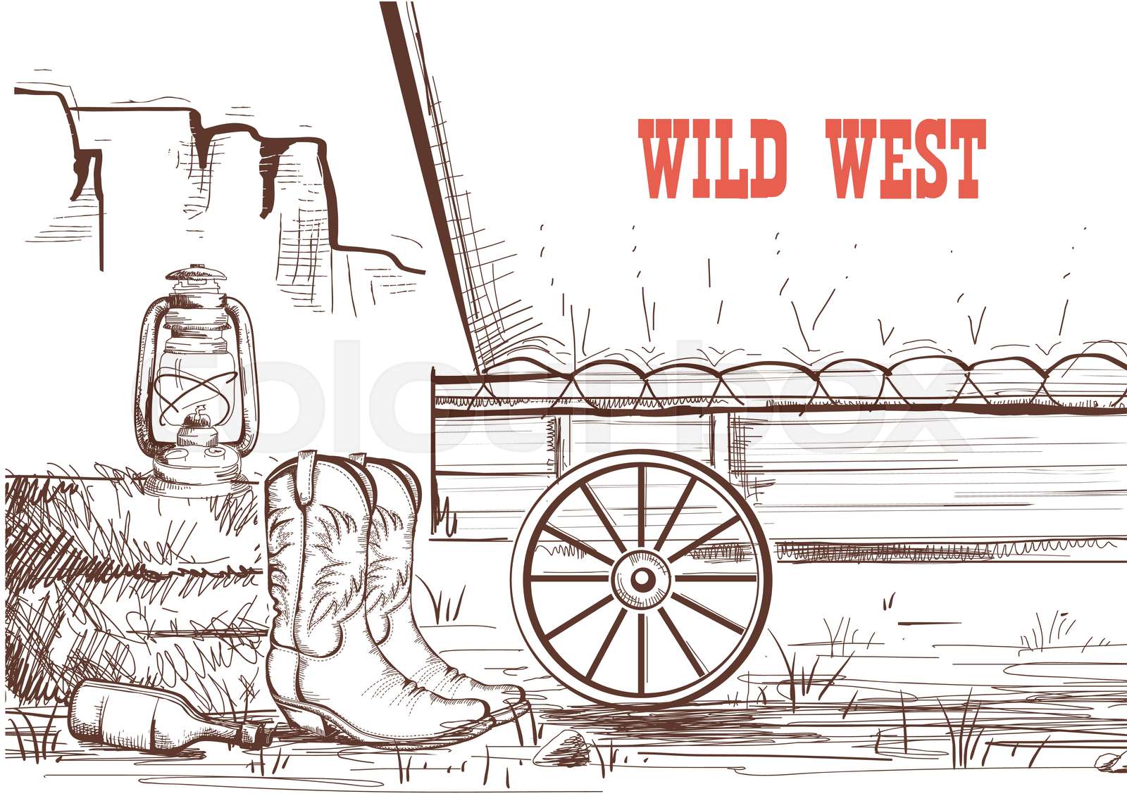 Wild west hand draw background with cowboy boots and western wagon ...