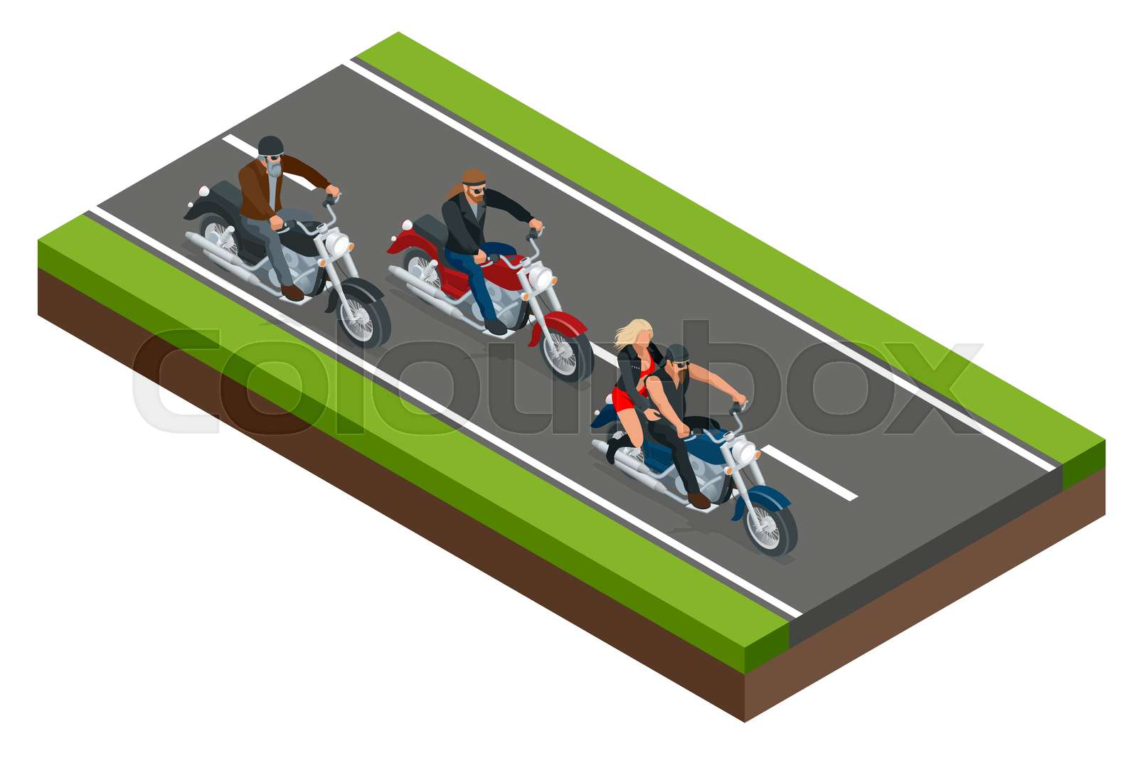 Isometric bikers on a motorcycle on the road. The concept of freedom ...