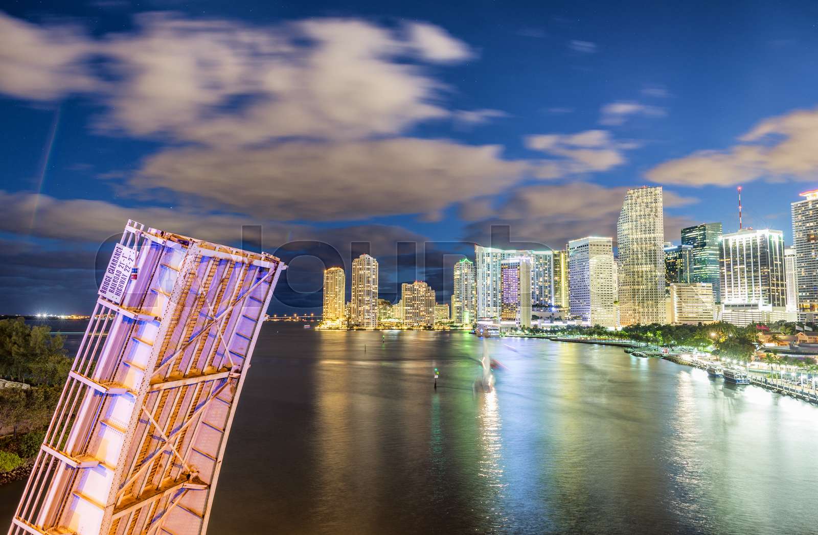 Miami at night. Amazing view of Downtown buildings from Port Boulevard ...