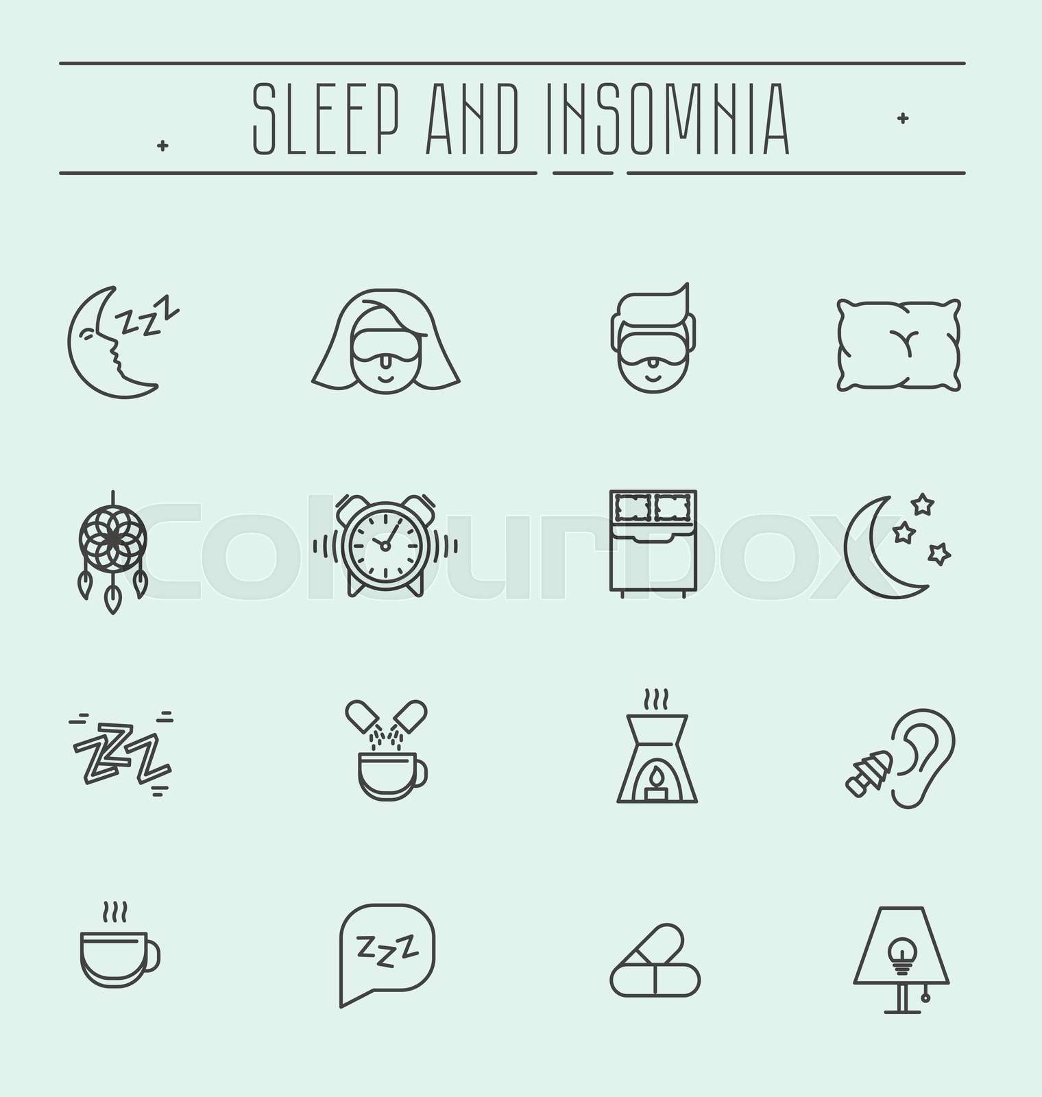 Set of thin line vector icons with symbols of sleep problems and ...