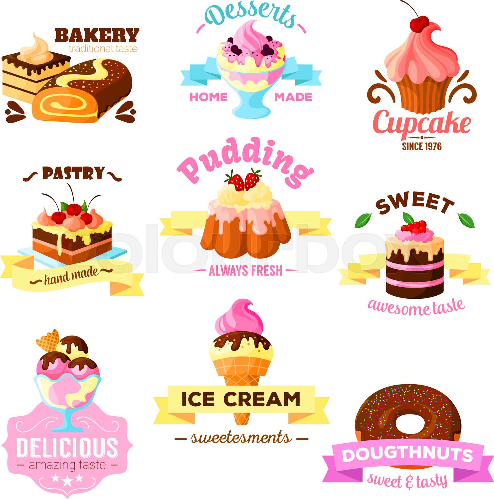 Vector dessert cakes sweets icons for patisserie | Stock vector | Colourbox