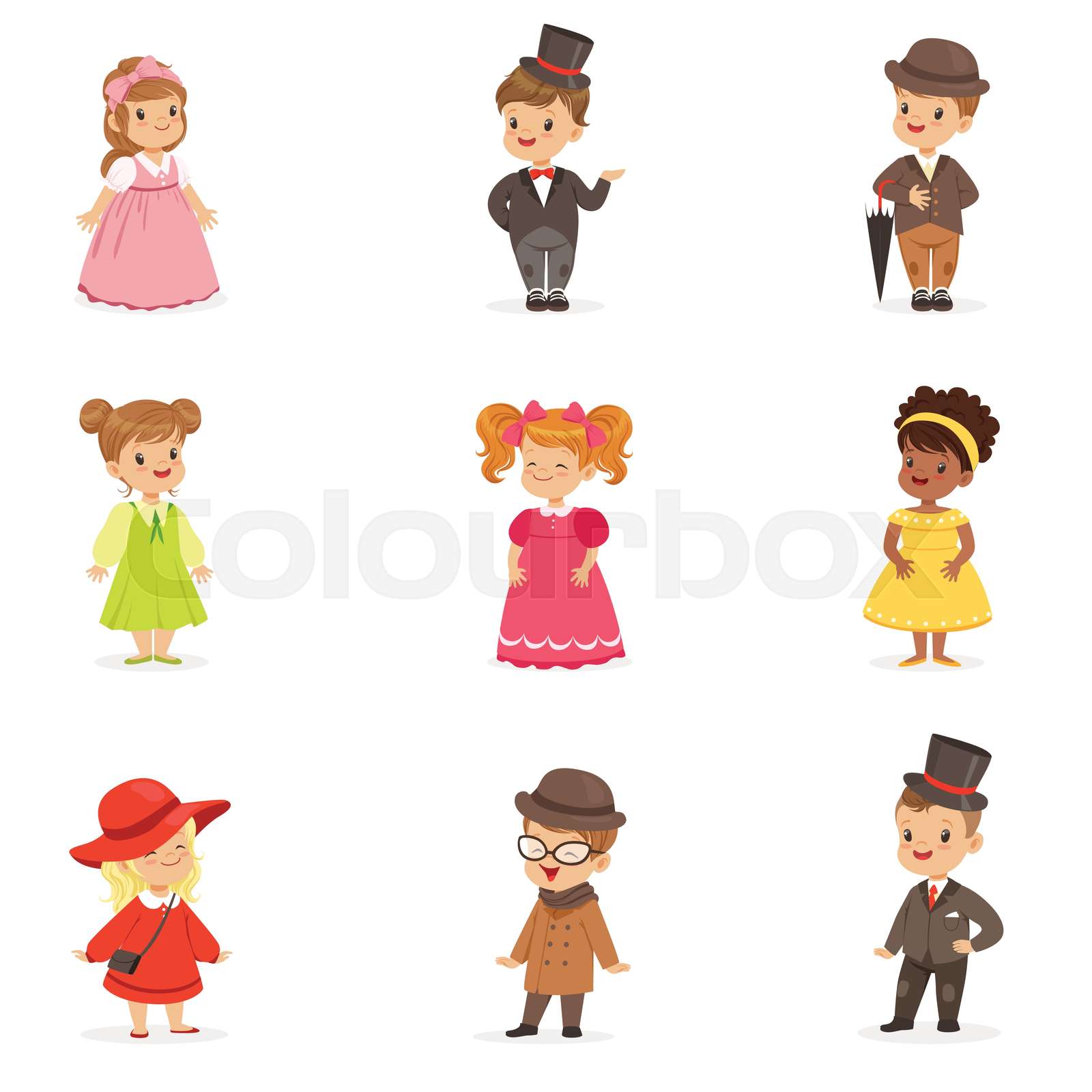 Cute children in elegant festive clothes. Kids in retro costumes ...