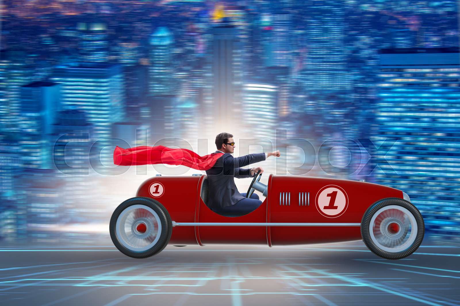 The superhero businessman driving vintage roadster | Stock image ...