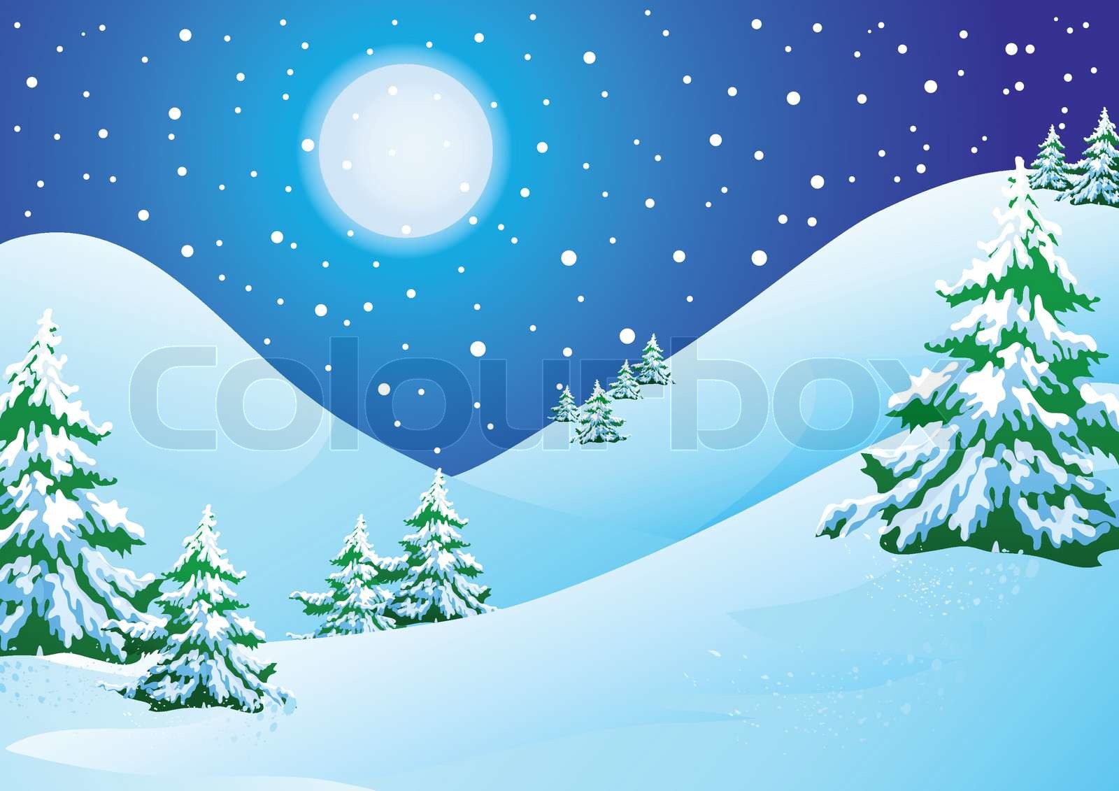 Night winter landscape: snow hills and pines | Stock vector | Colourbox