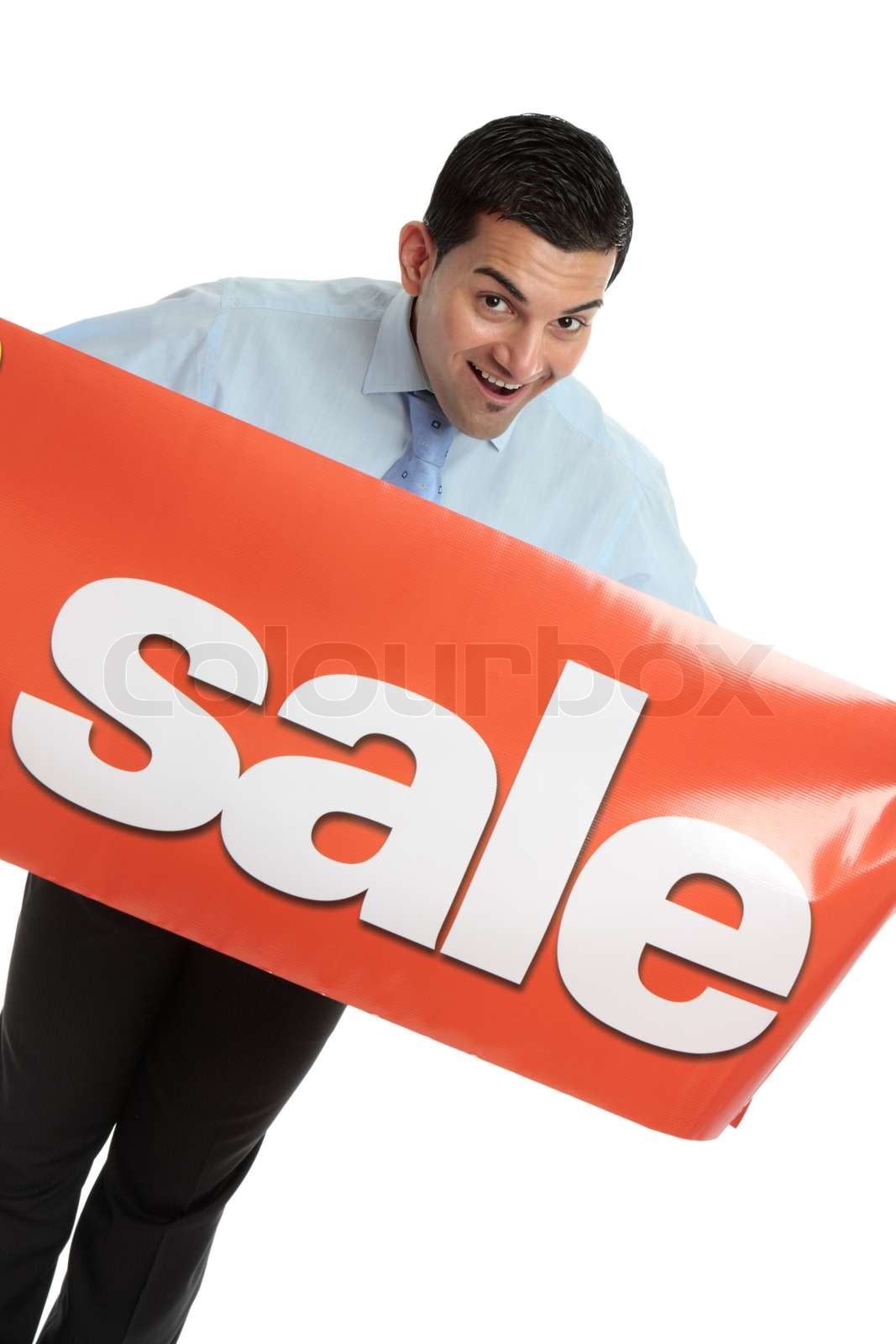 A happy salesman, businessman or other marketing person holding a vinyl ...