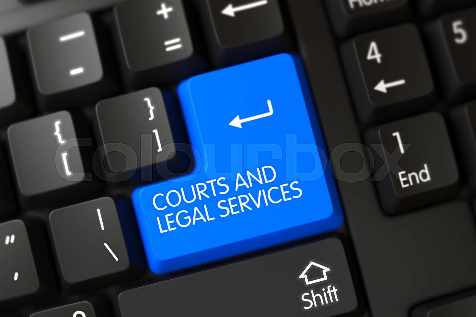 Keyboard with Blue Key - Courts And Legal Services. 3D. | Stock image ...