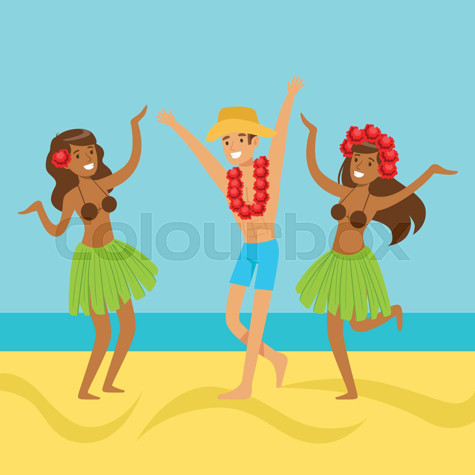 Hawaiian girls and happy man dancing on on a tropical beach | Stock ...