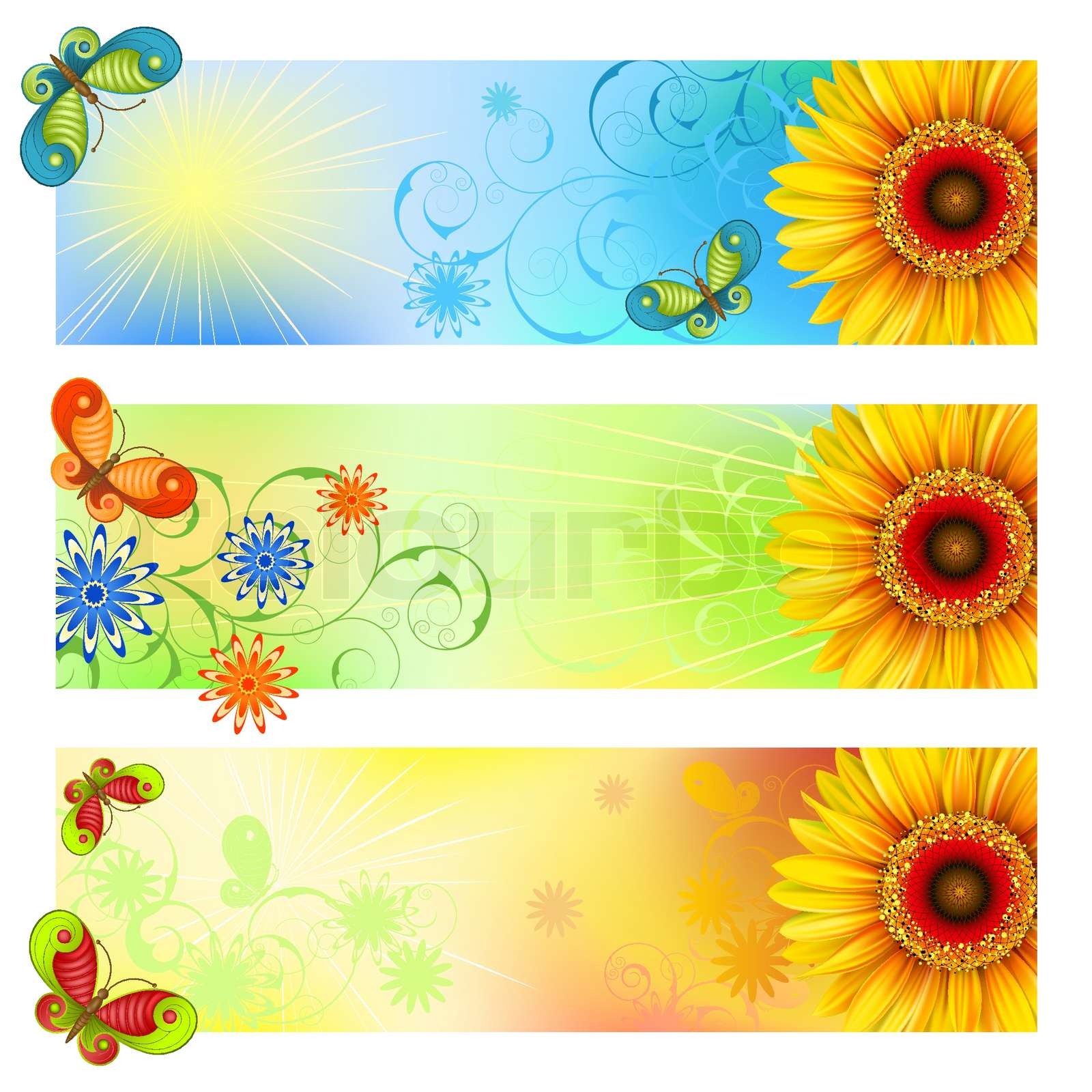 Ein Satz von drei Sommer Banner mit Sonnenblumen und Schmetterlinge ...