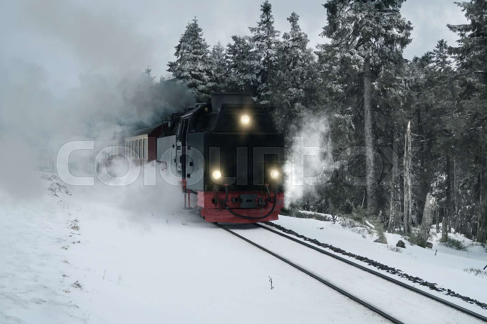 historic steam train driving through snow covered forrest | Stock image ...