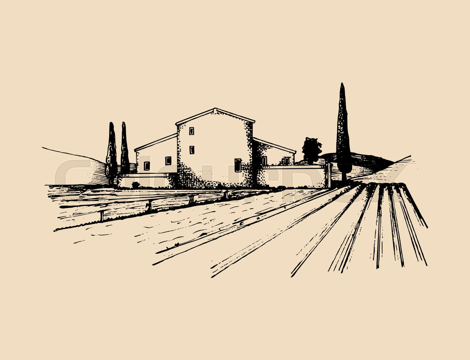 Sketch of villa, peasants house in fields. Vector rural landscape ...