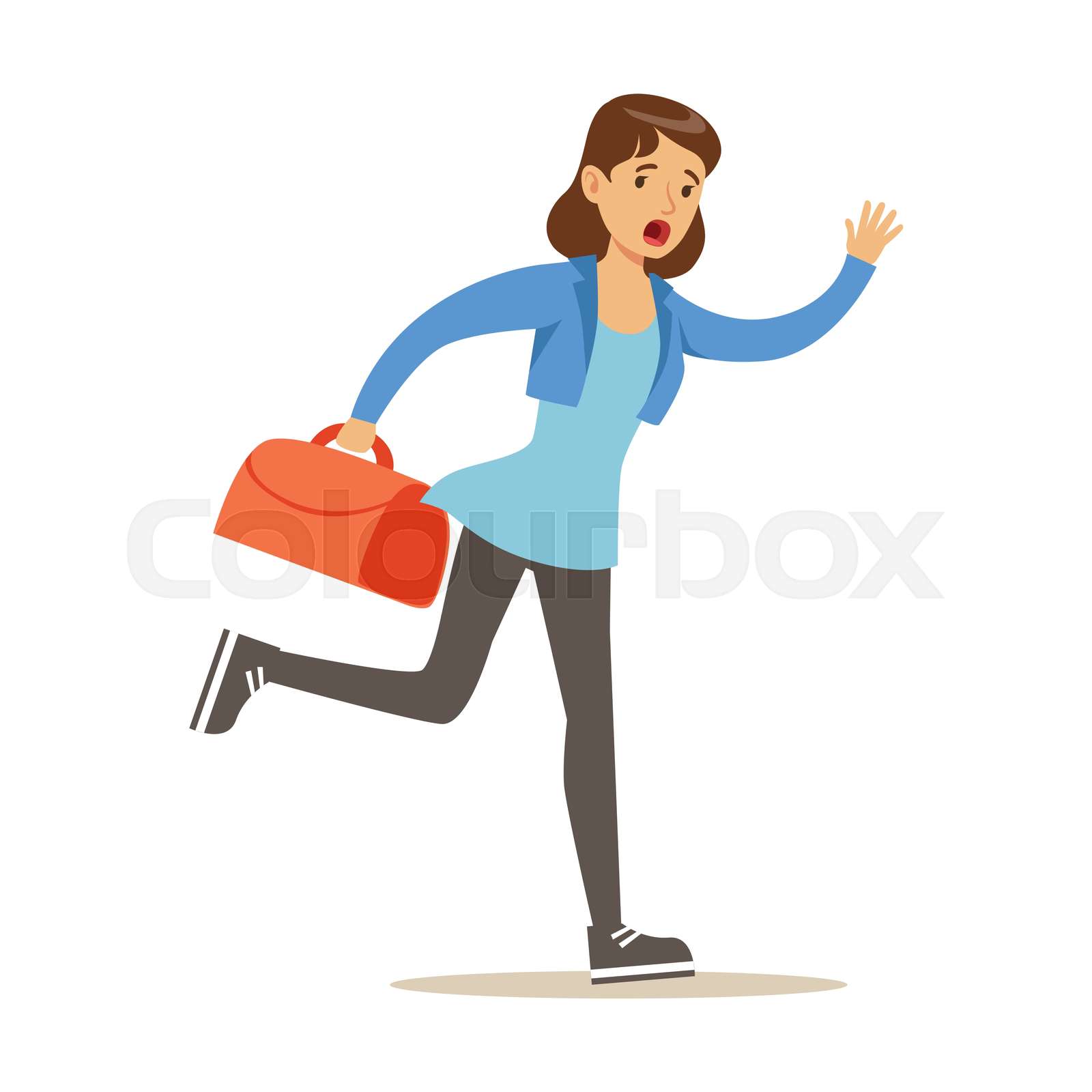 Girl running with suitcase late for flight. Colorful cartoon character ...