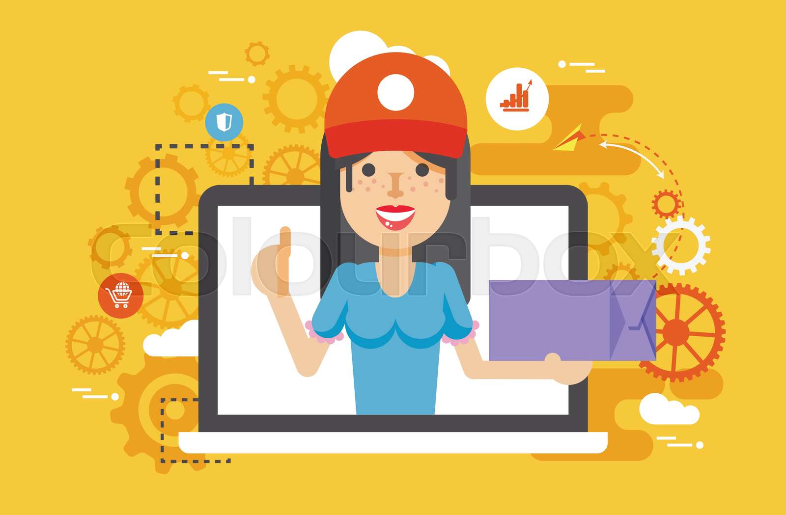 Vector illustration peddler parcels carrier woman packaging box in hand ...