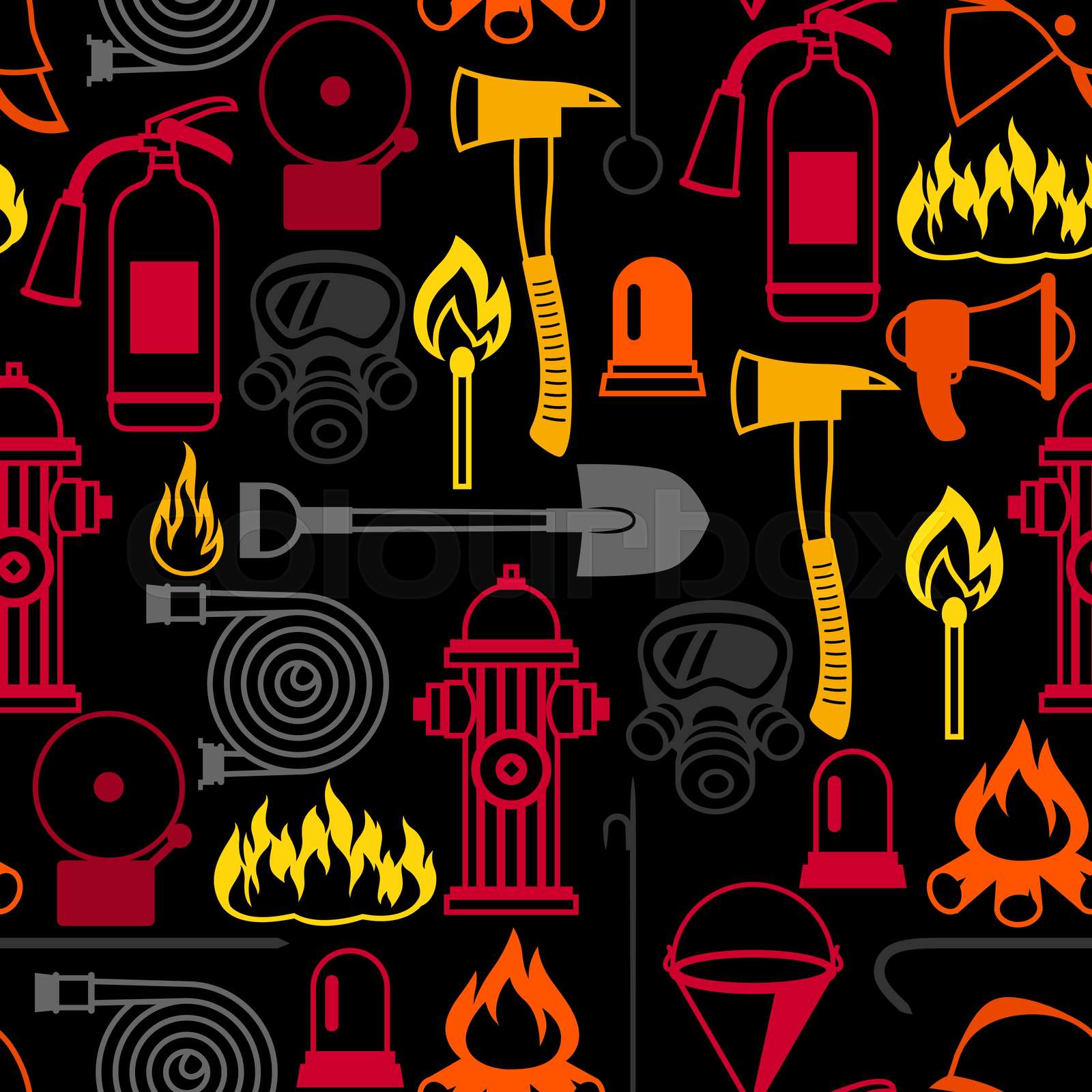 Seamless pattern with firefighting items. Fire protection equipment ...