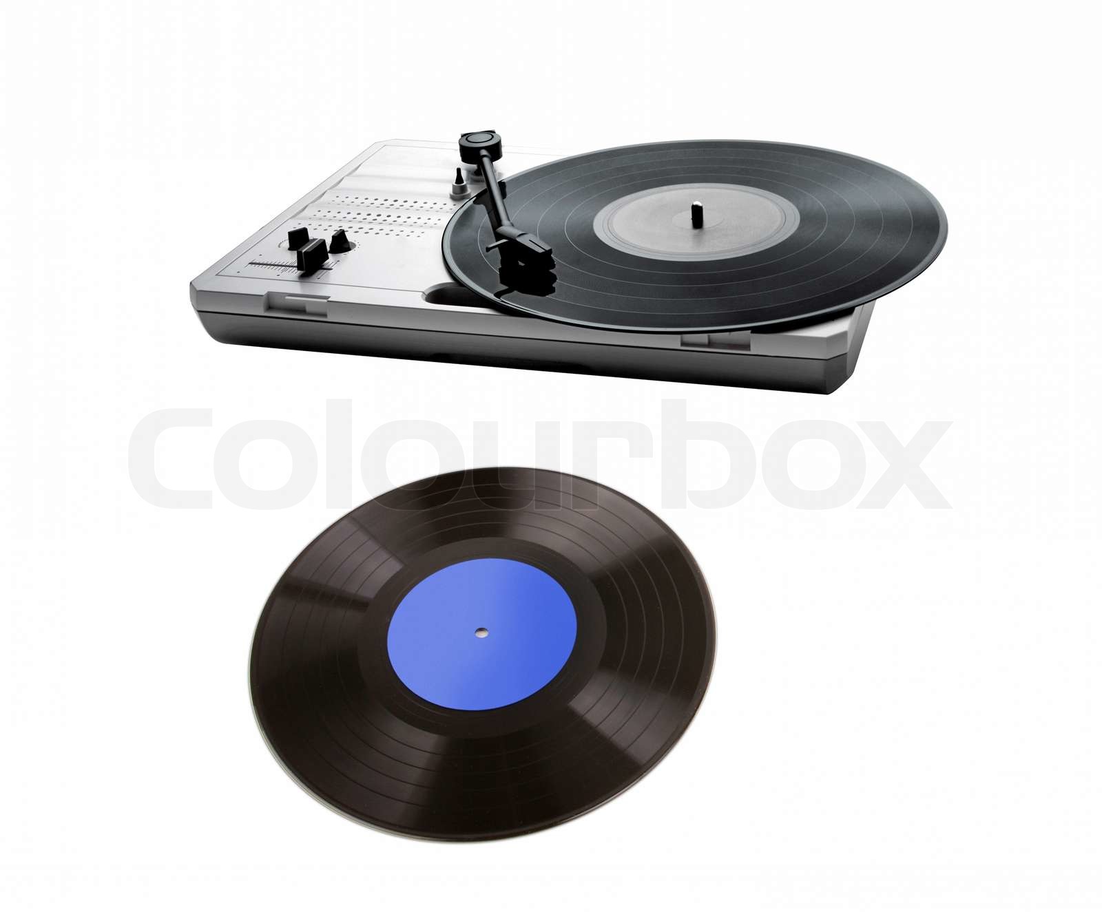 Retro portable turntable isolated and vinyl | Stock image | Colourbox
