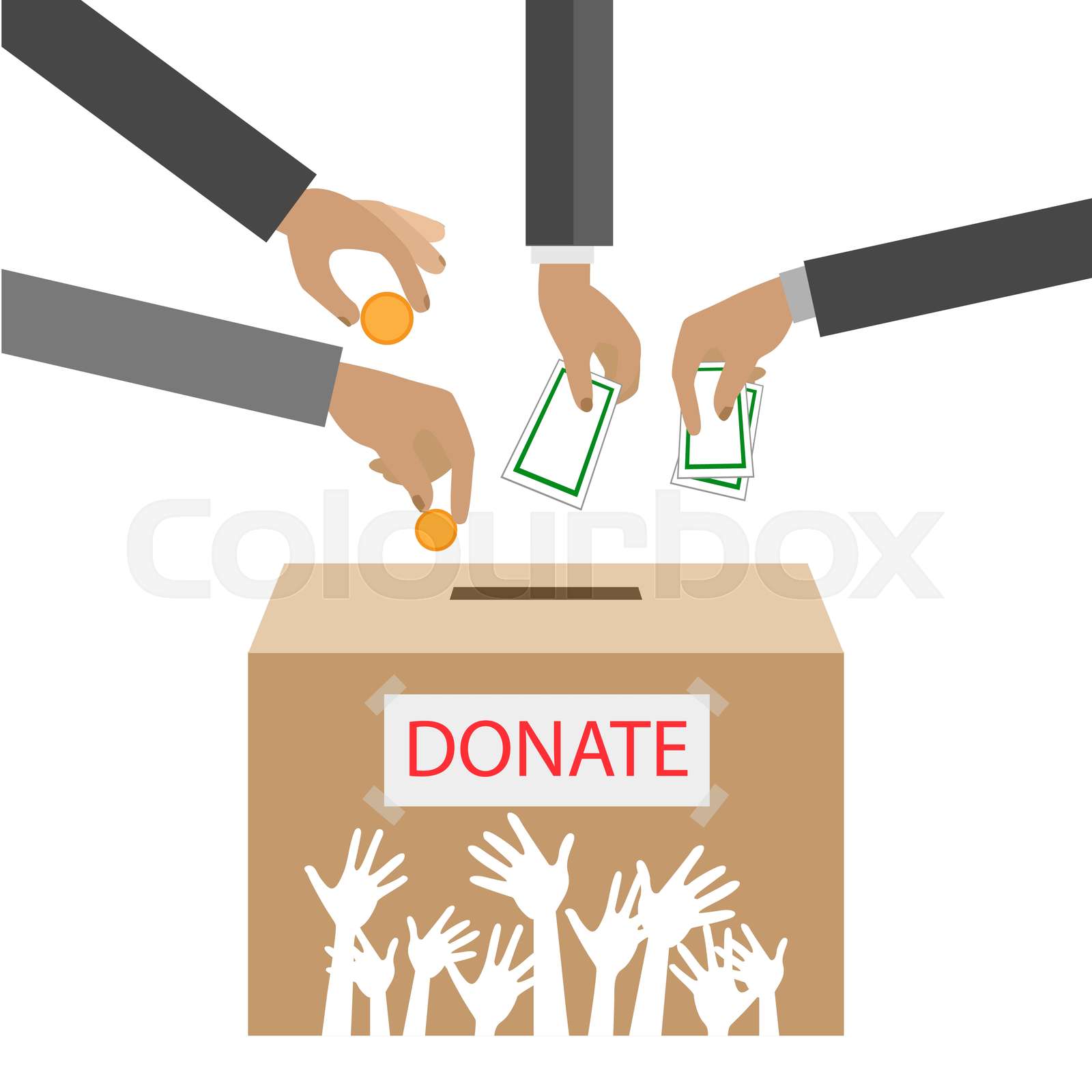 Hands putting gold coin and money in donation box. illustration in flat ...