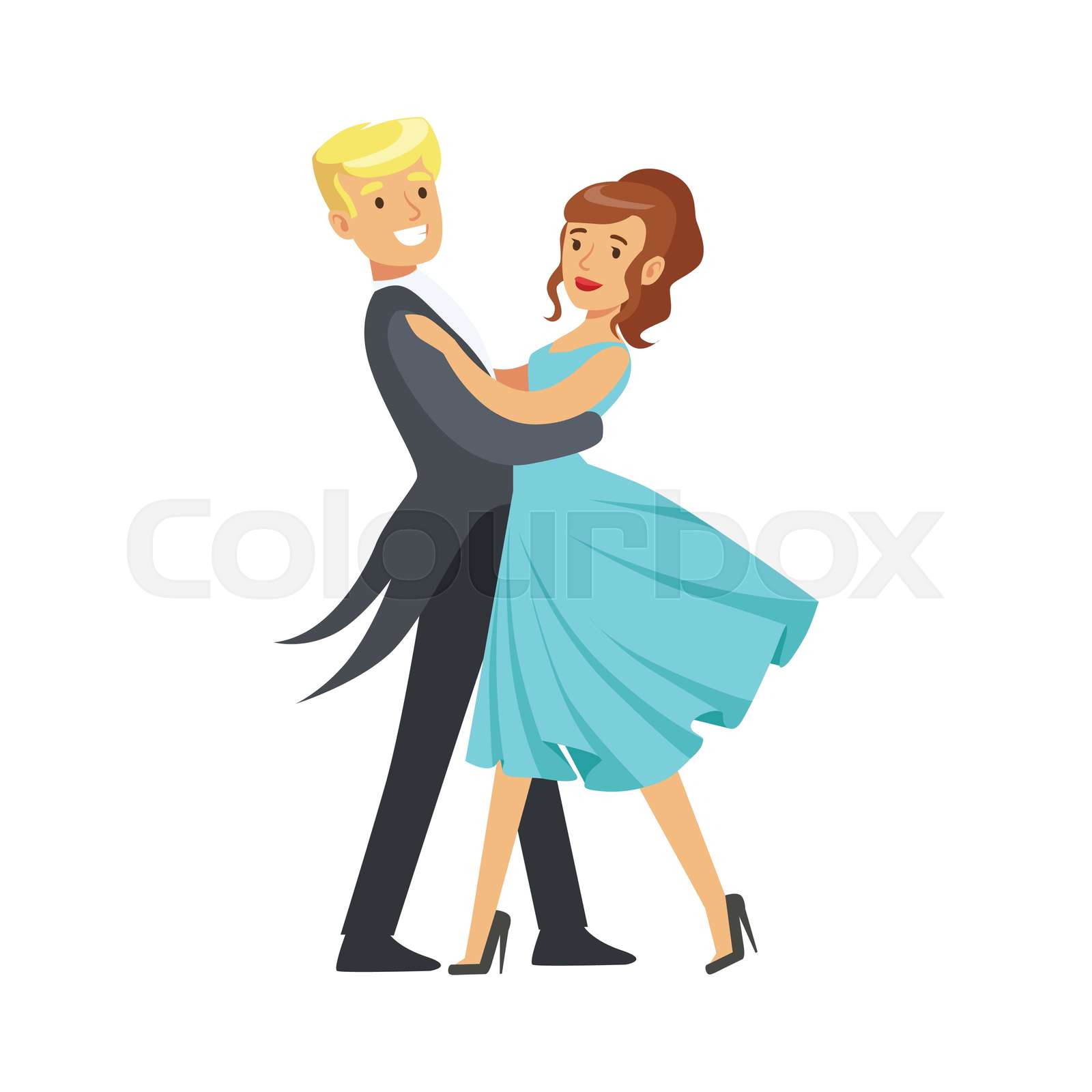 Happy young couple dancing ballroom dance in formal costumes colorful ...