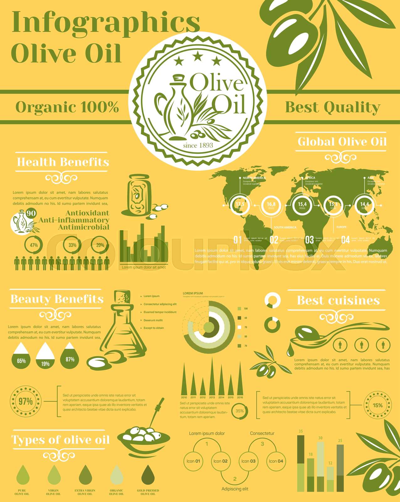 Olive oil vector infographic elements template | Stock vector | Colourbox