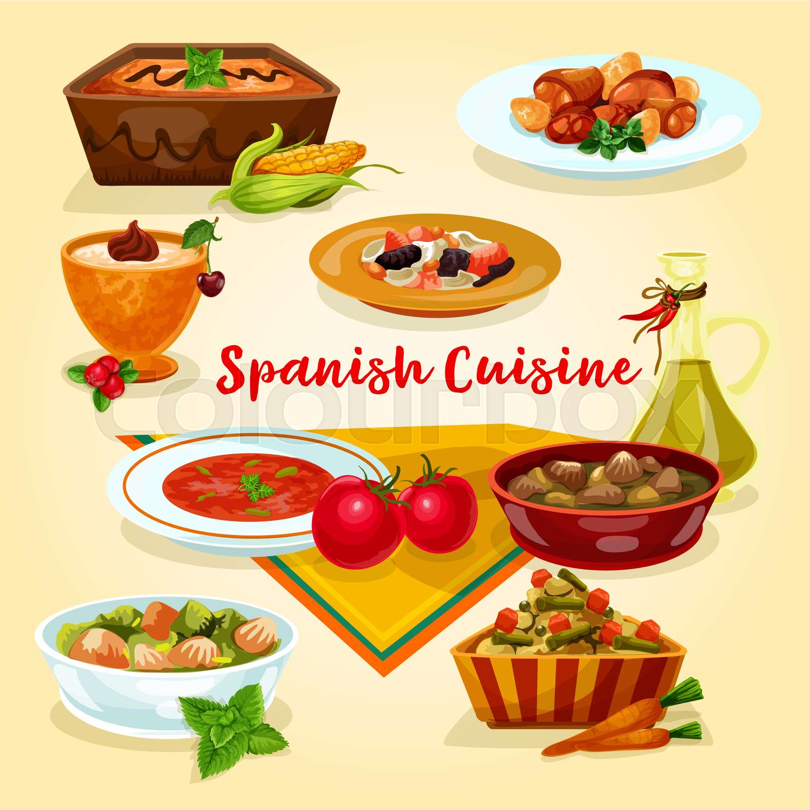 Spanish cuisine tasty dinner dishes cartoon icon | Stock vector | Colourbox