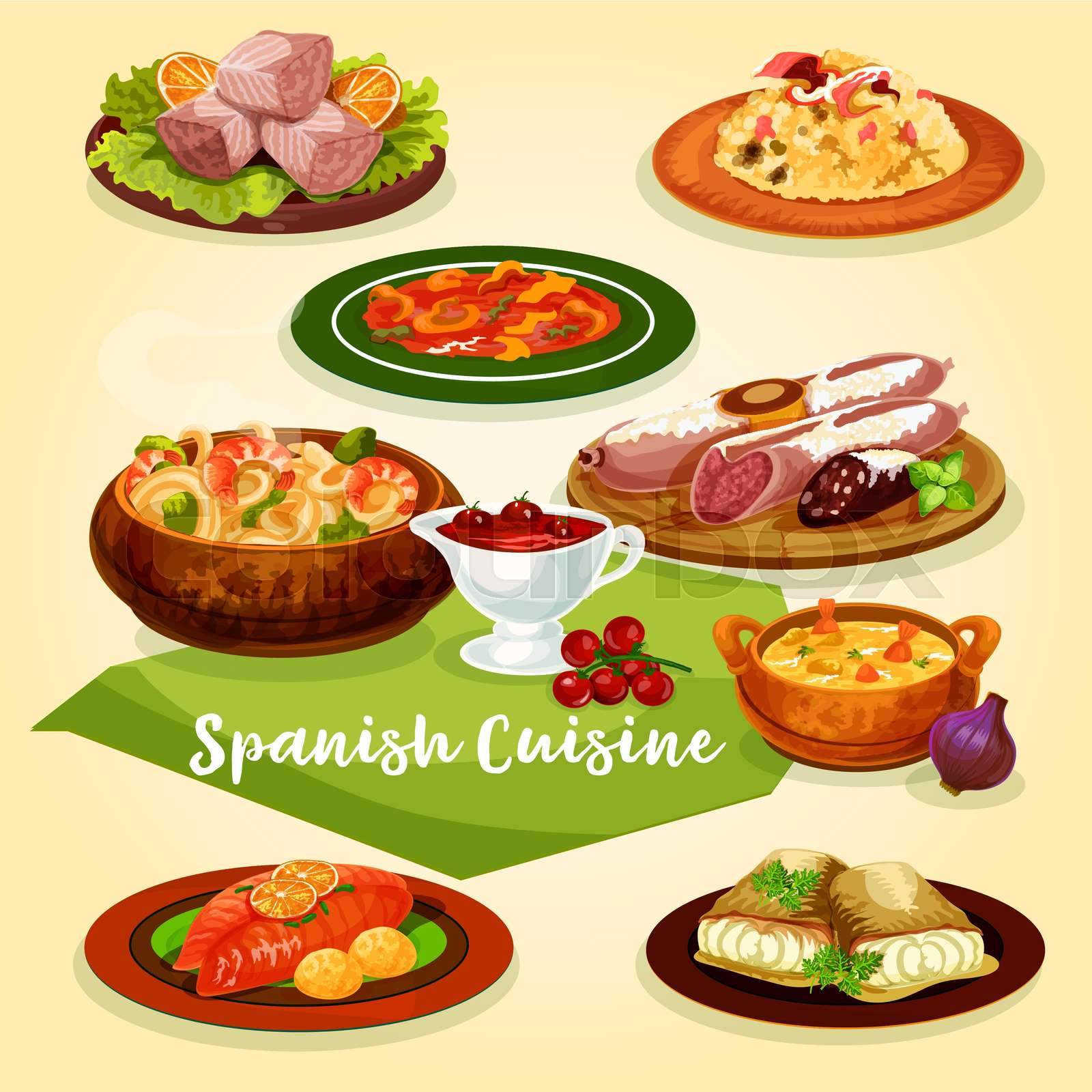 Spanish cuisine meat and fish dishes cartoon icon | Stock vector ...