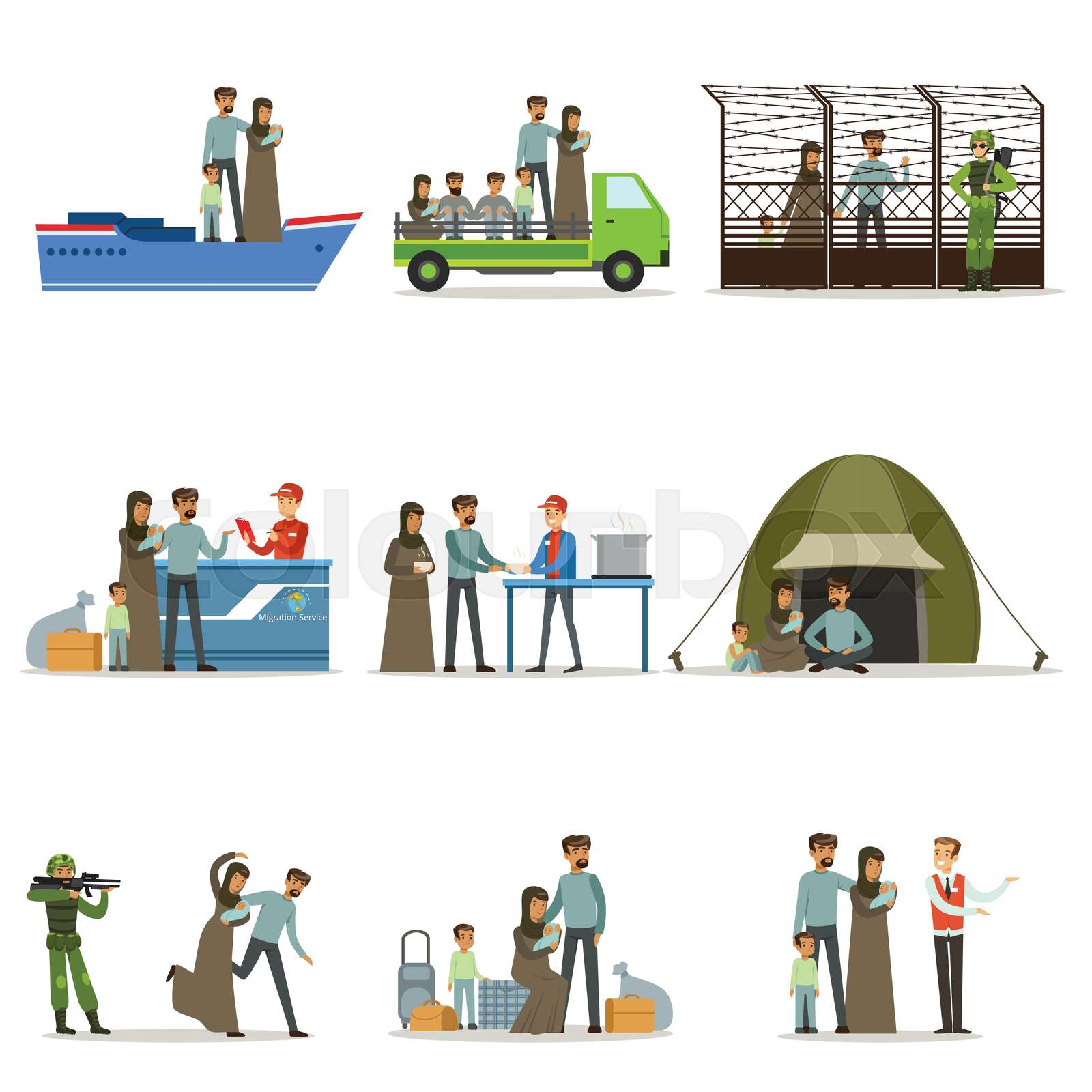 Stateless refugees set. Illigal immigrants and war victims vector ...