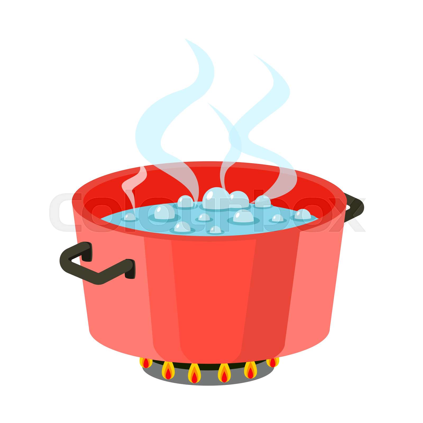 Boiling water in pan Red cooking pot on stove with water and steam Flat ...