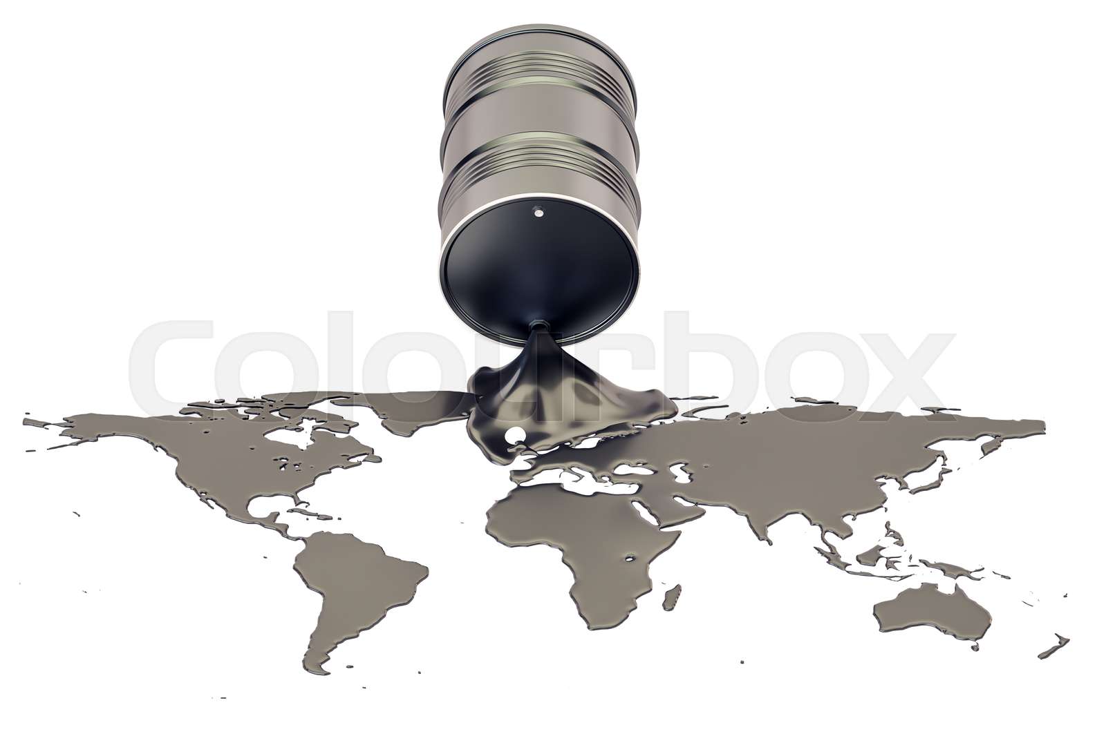 Oil production concept. Crude oil spilled in the shape of Earth map, 3D ...