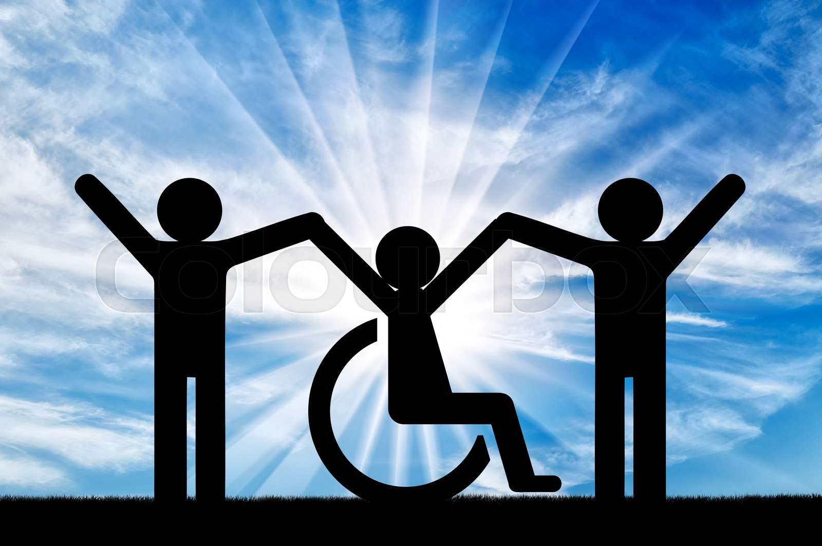 Happy disabled person in a wheelchair together with healthy people ...