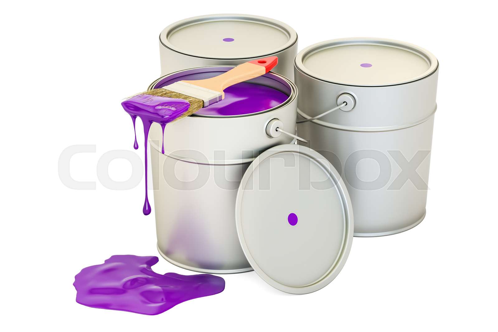 Cans with purple paint and brush, 3D rendering | Stock image | Colourbox