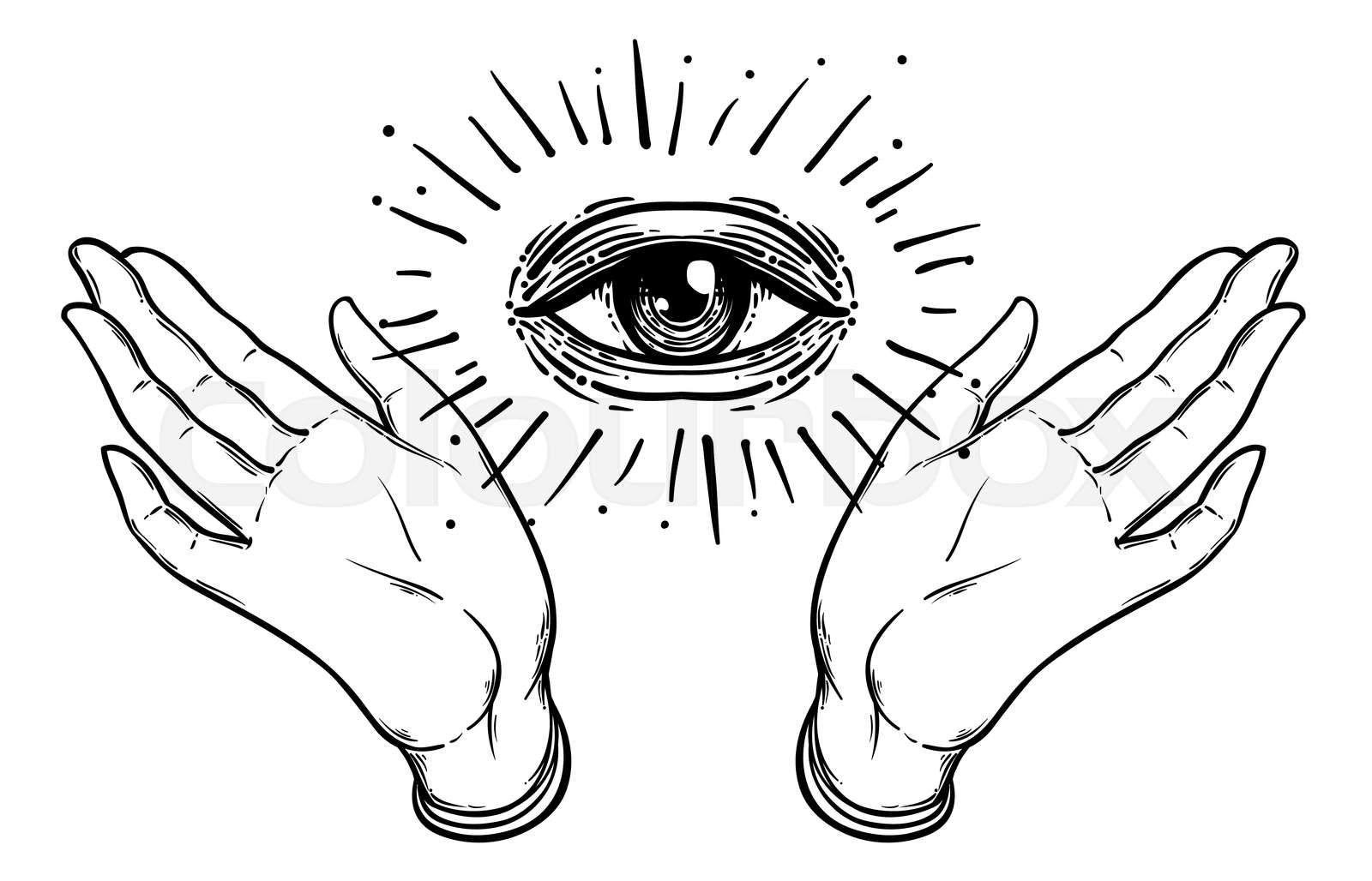 Open hand with the all-seeing eye on the palm. Occult design vector ...