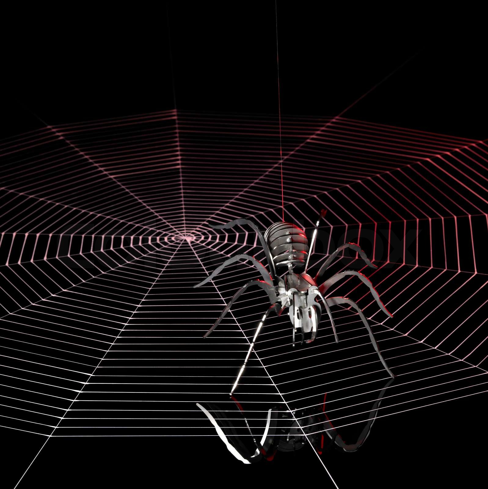 a simplified spider made of metal and a artificial spiderweb Red ...