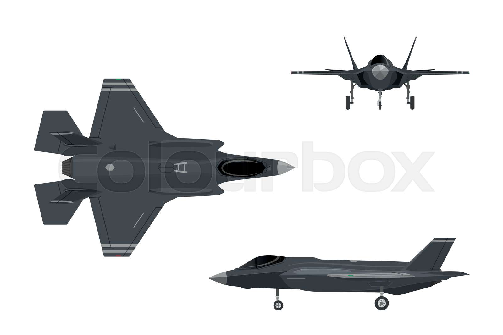 Military aircraft. Images of fighter jet. Three views of airplane: top ...