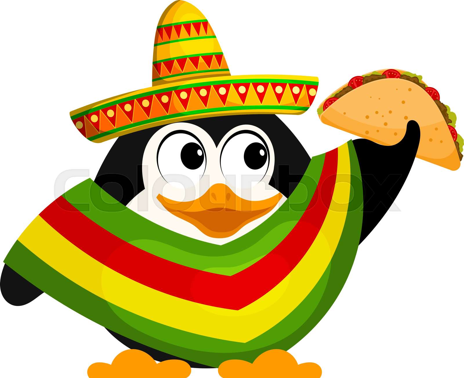 Cute little penguin with a poncho, sombrero and a taco. Mexican style ...