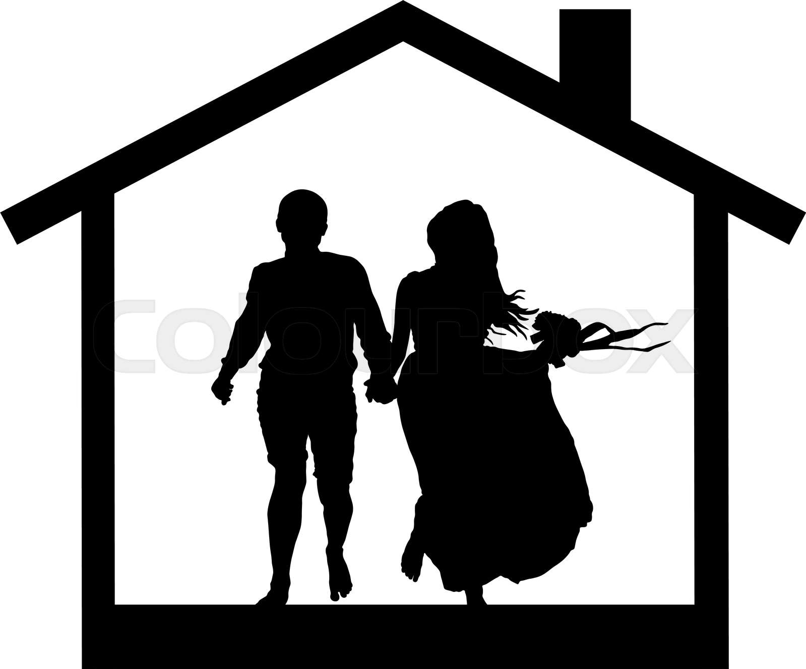 Young couple in the house silhouette | Stock vector | Colourbox