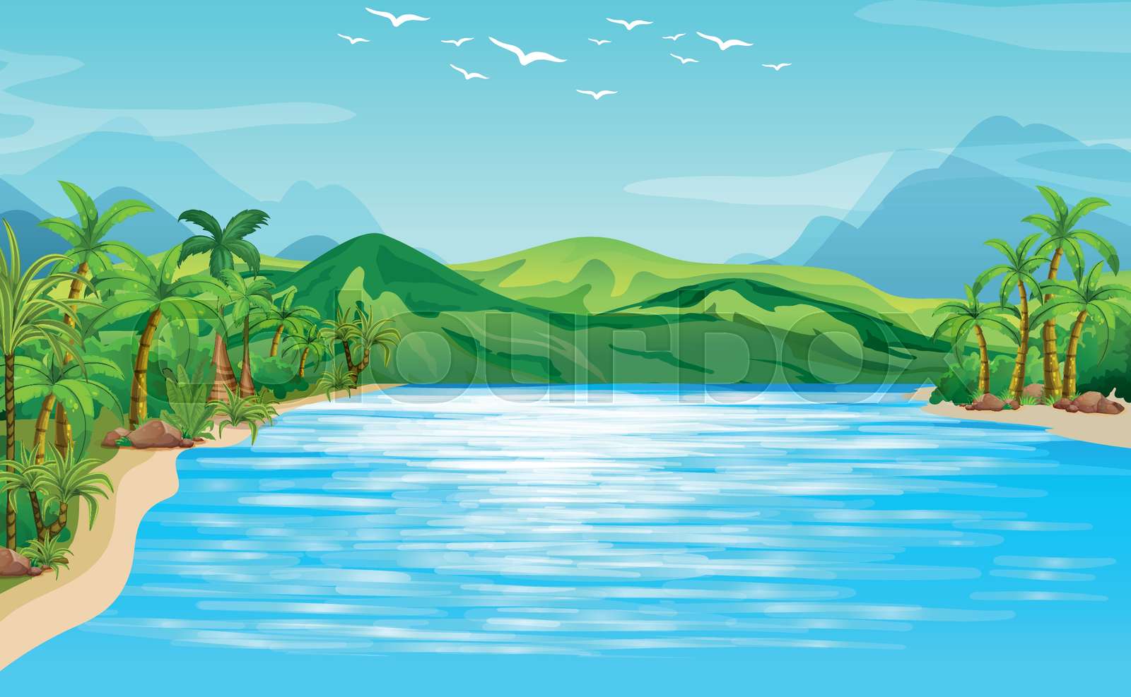 River scene with trees and mountains | Stock vector | Colourbox