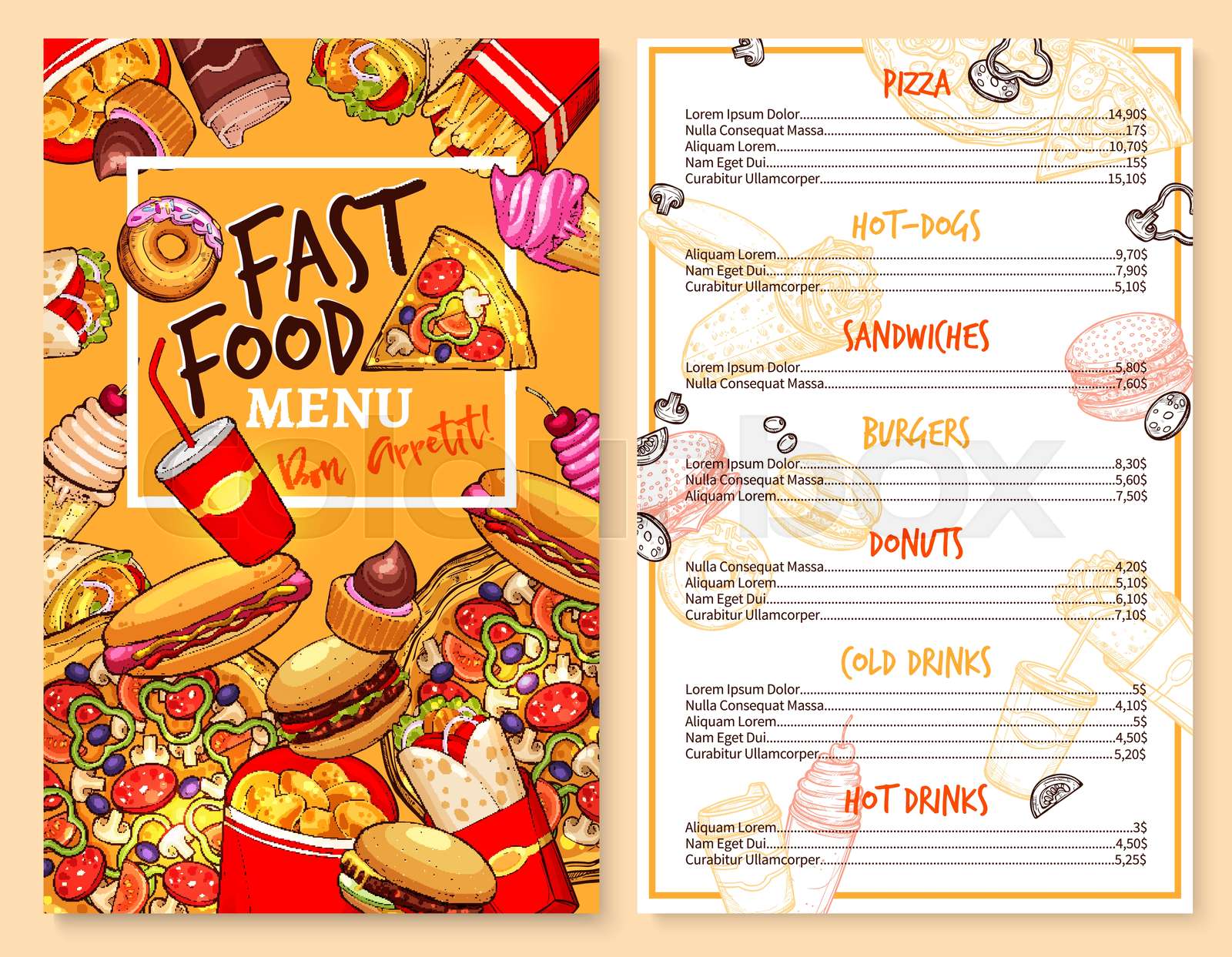 Vector fast food restaurant menu price template | Stock vector | Colourbox