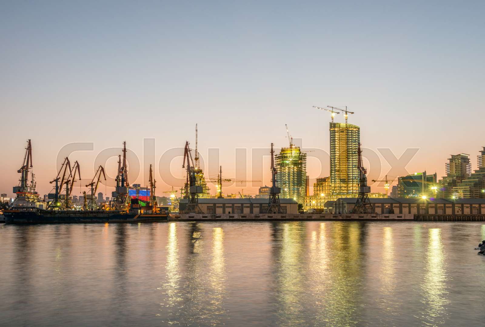 Night view of sea port in Baku Azerbaijan | Stock image | Colourbox