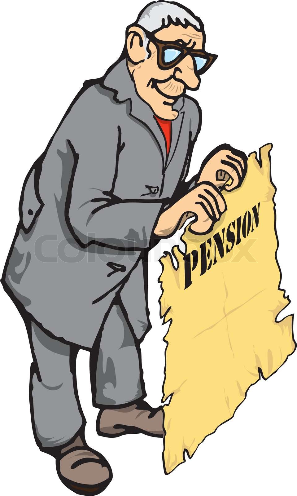 Figur pensionist med en pension, forsikring i hånden | Stock vektor ...