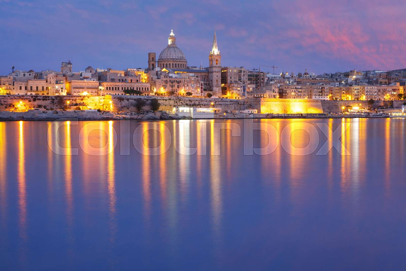 Valletta Skyline from Sliema at night, Malta | Stock image | Colourbox