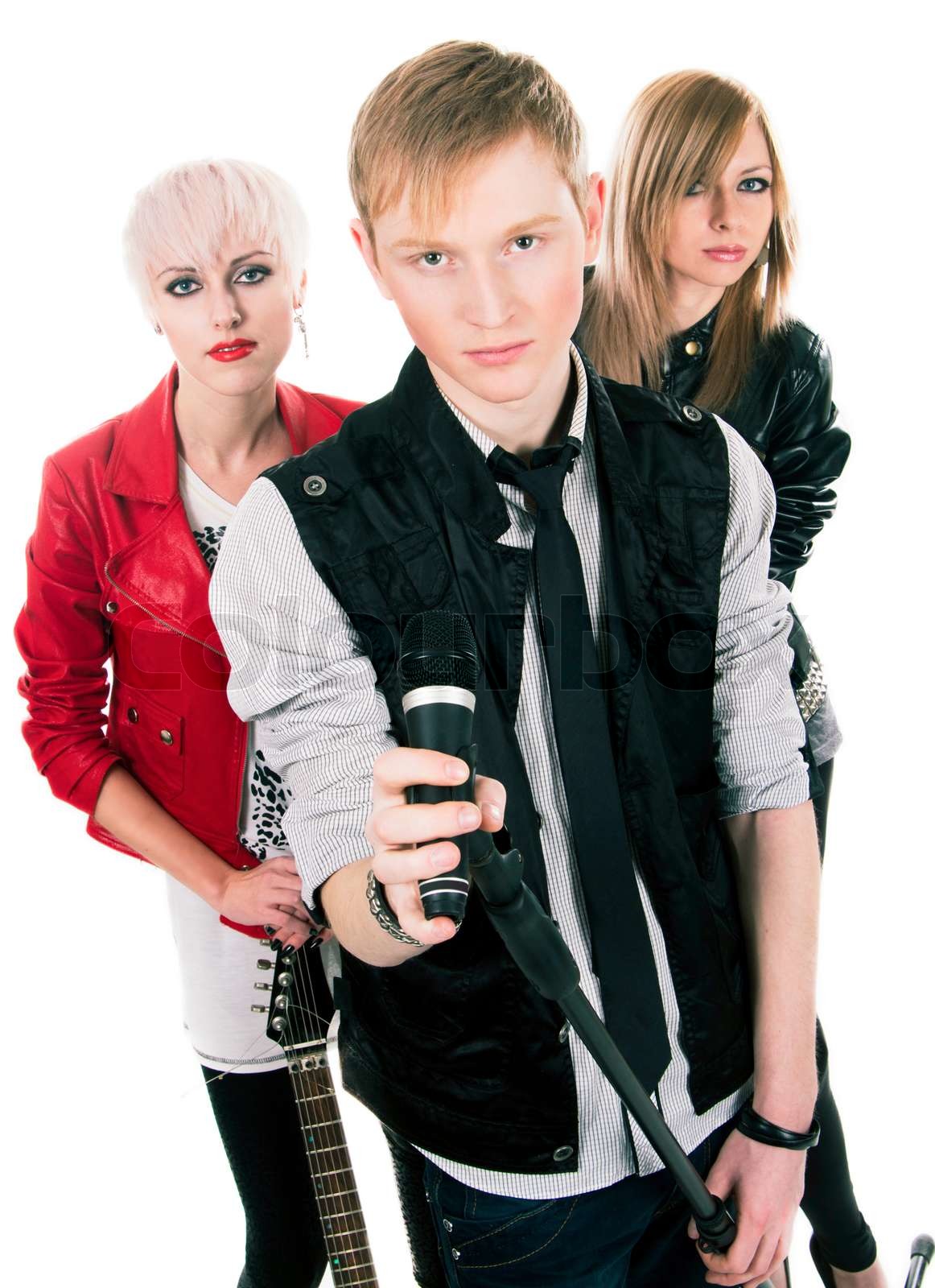 Teenage rock band of three people against white background | Stock ... Teenage rock band of three people against white background | Stock ...