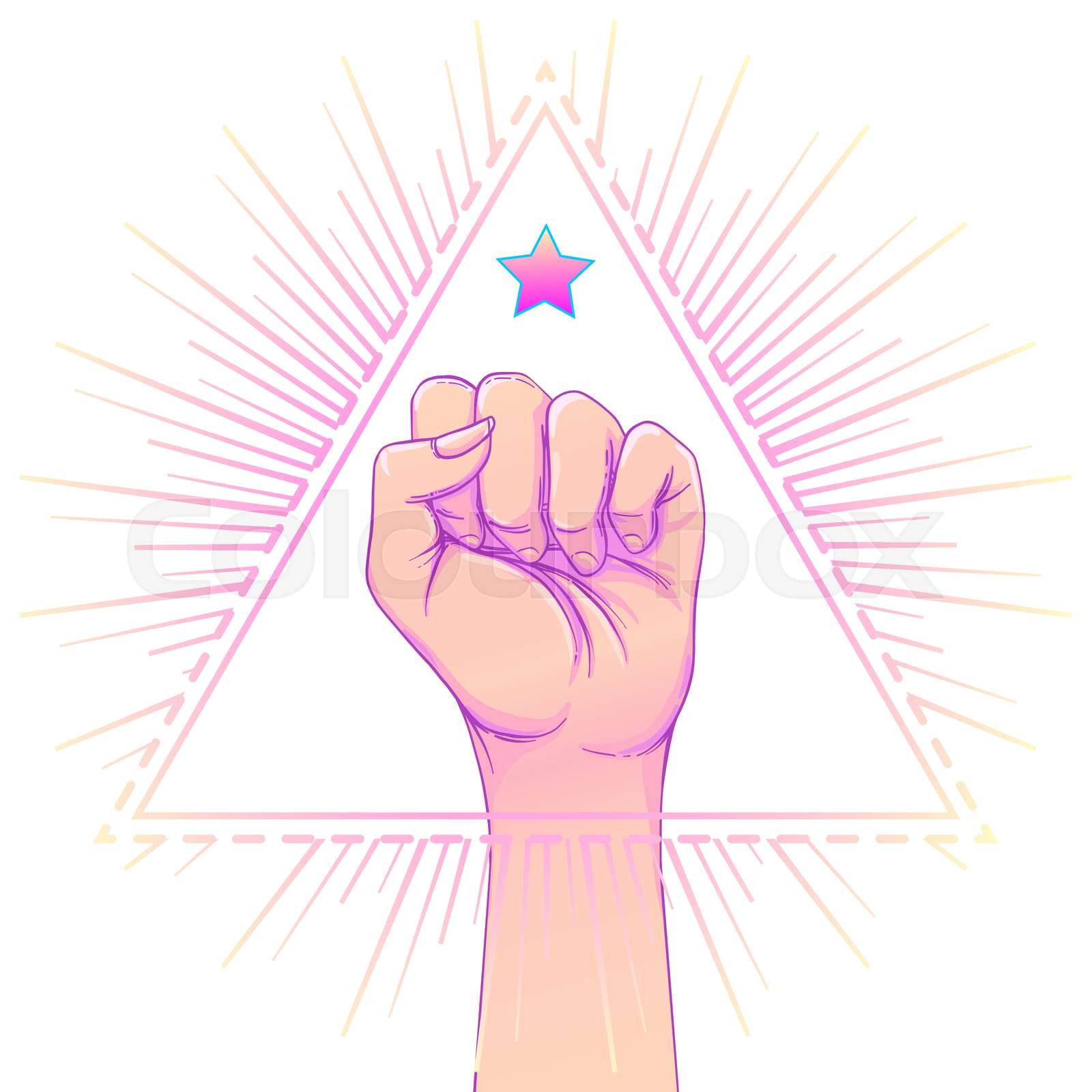 Human hand raised up over triangle shape with rays. Symbol of fighting ...