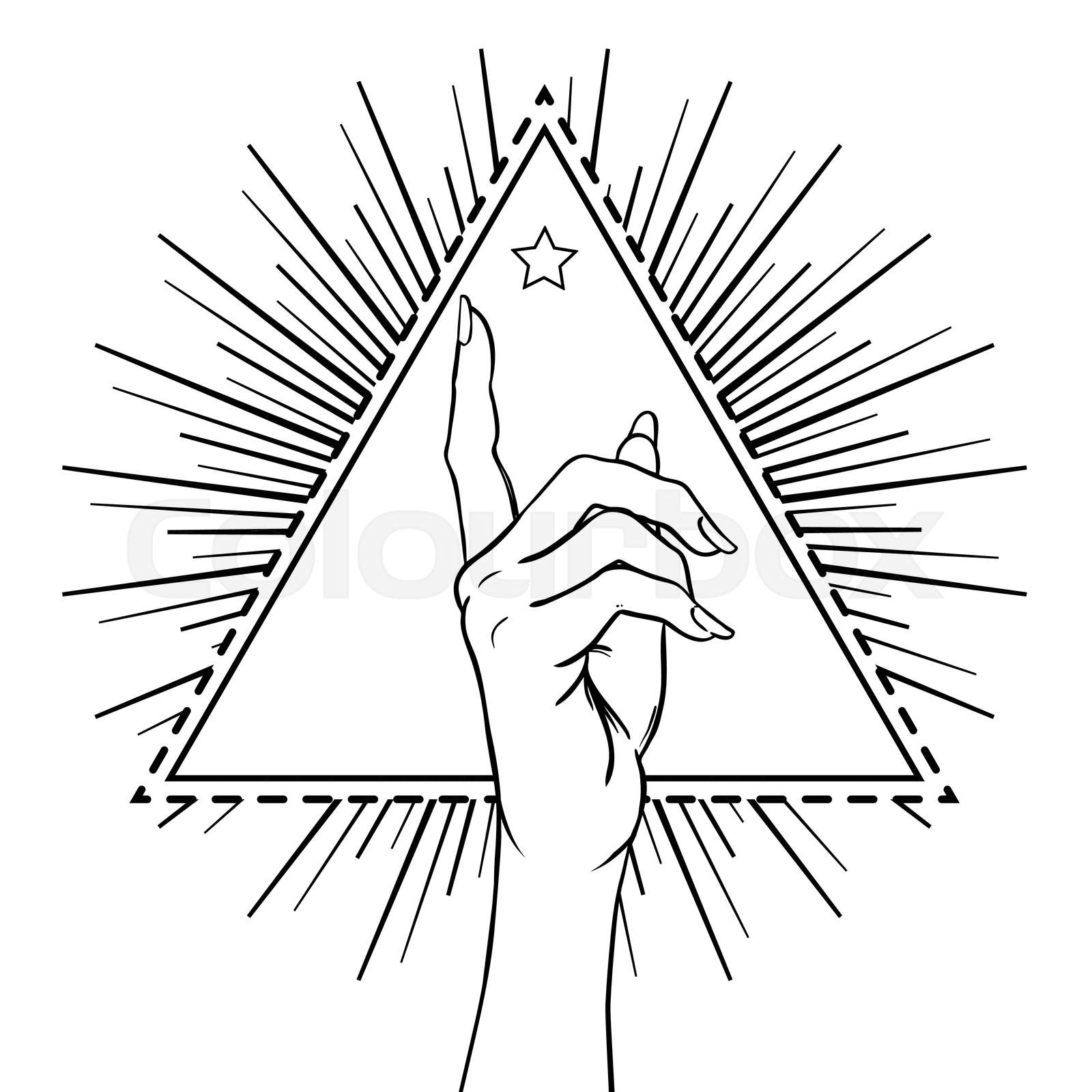 Female hand showing pointing finger over triangle with rays. Realistic ...