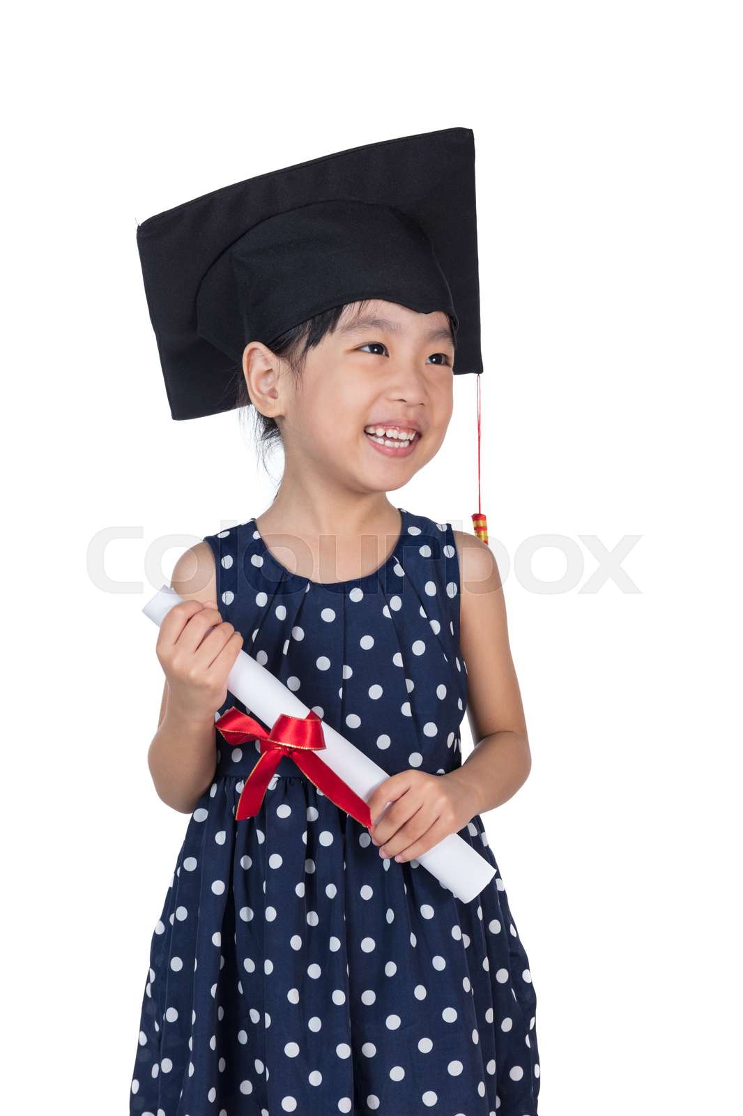 Asian Little Chinese girl wearing graduation cap and holding diploma ...
