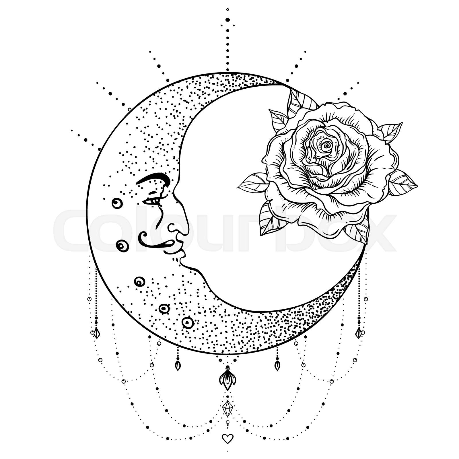 Crescent moon, rose flower, sacred geometry. Blackwork tattoo flash ...