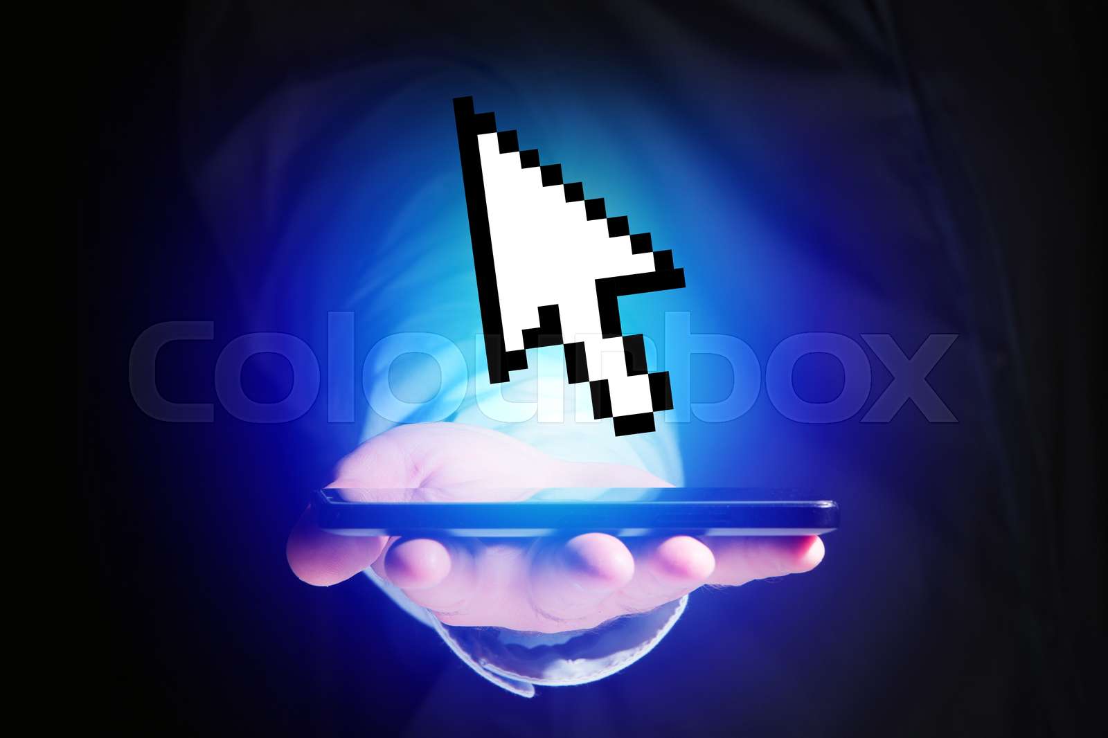 Pixeled black and white mouse pointer displayed on a futuristic ...