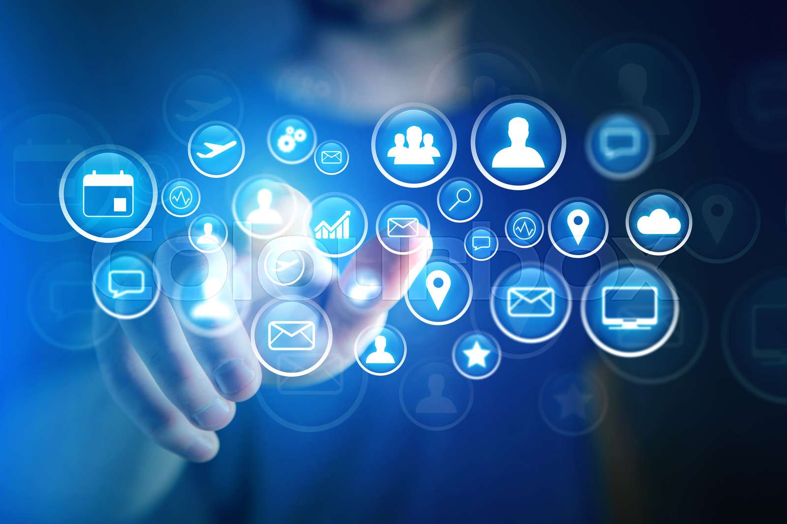 Concept of multimedia icon flying over device on a technology interface ...