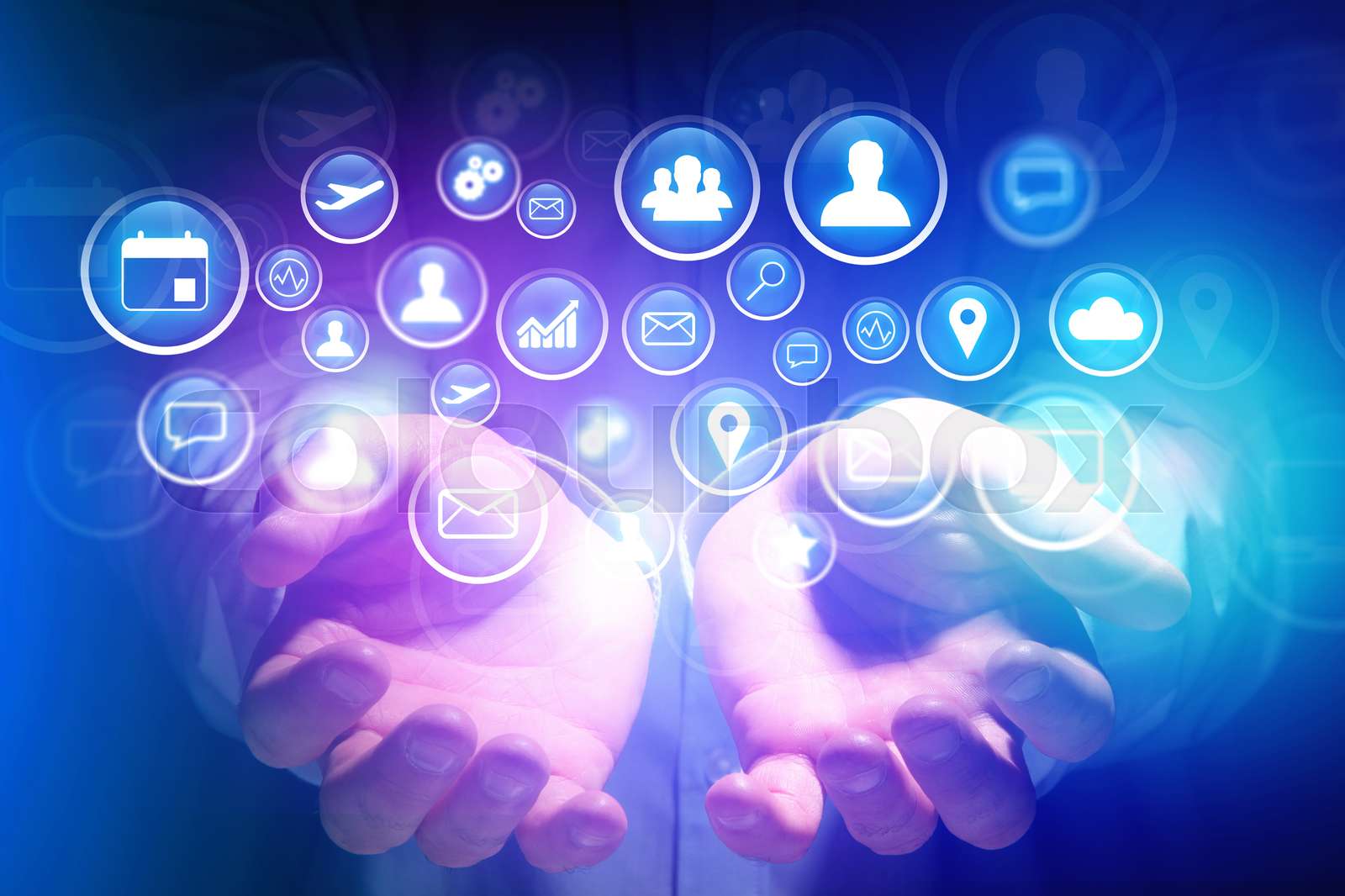 Concept of multimedia icon flying over device on a technology interface ...