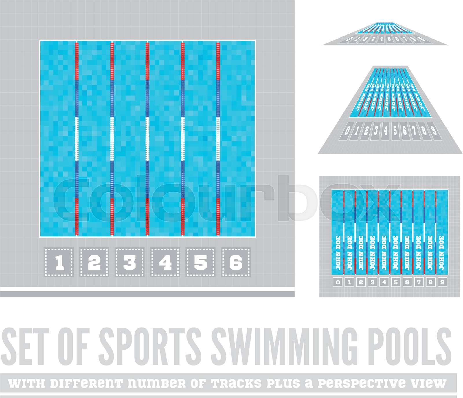 Set of sports swimming pools with different number of tracks plus a ...