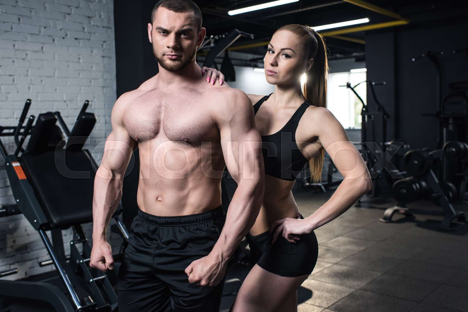young fit couple in sportswear posing together at gym | Stock image ...